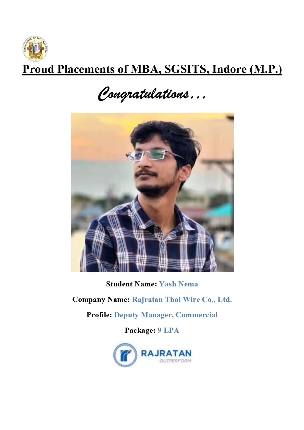 Shri G. S. Institute of Technology and Science, Indore - MBA Proud Placements